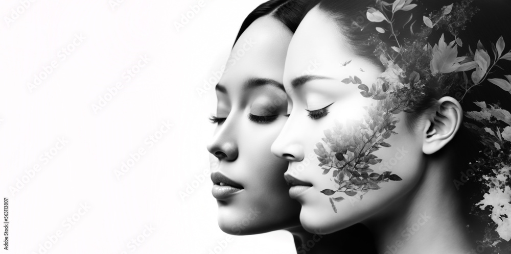 Beautiful faces of two women with eyes closed on white panoramic ...