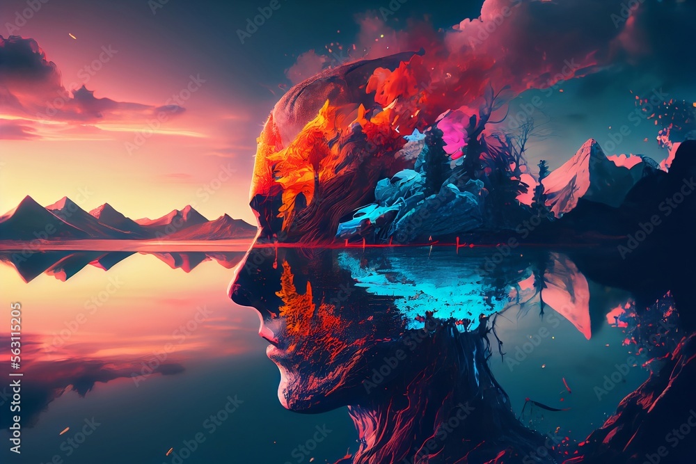 Landscape. A burning human head, half in a lake and half on land ...