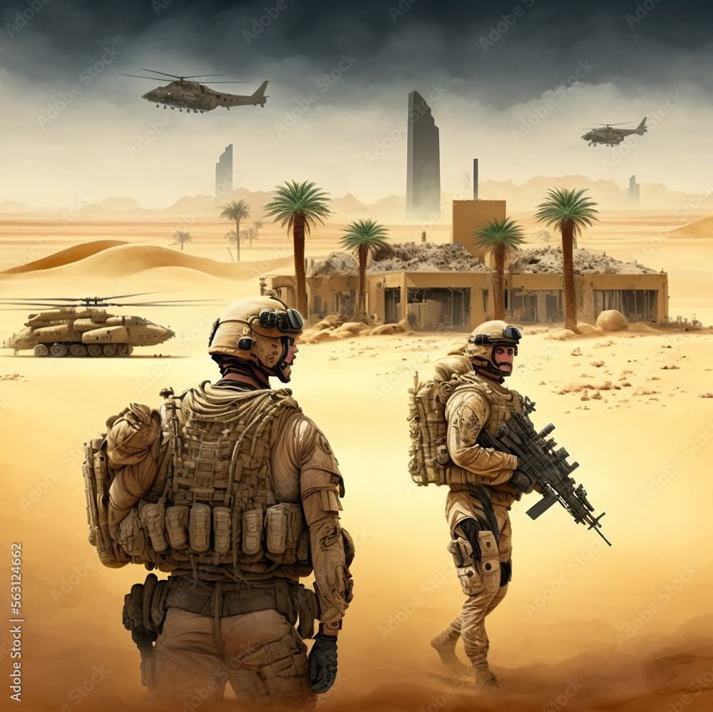 An illustration of two army men in the desert. AI generated art. Stock ...