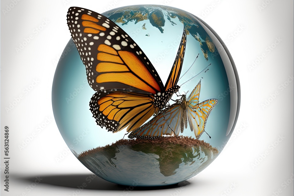 a butterfly flying over a globe with a map of the world in it's center ...