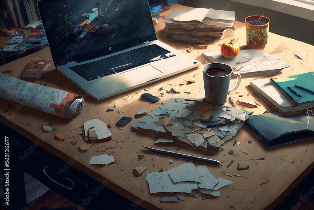 Messy table with laptop, AI generated. Let's keep our desks tidy, it ...