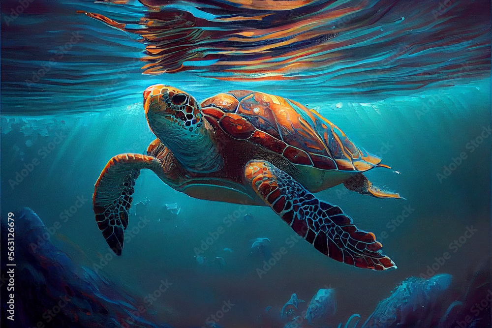 Generative Ai, art painting style poster of a sea turtle swimming in ...