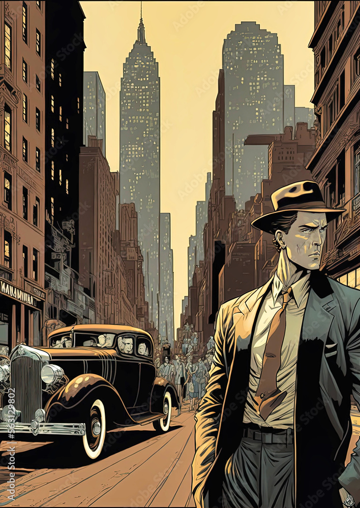New York in the 1930s, comic strip drawing - Generative AI Stock ...