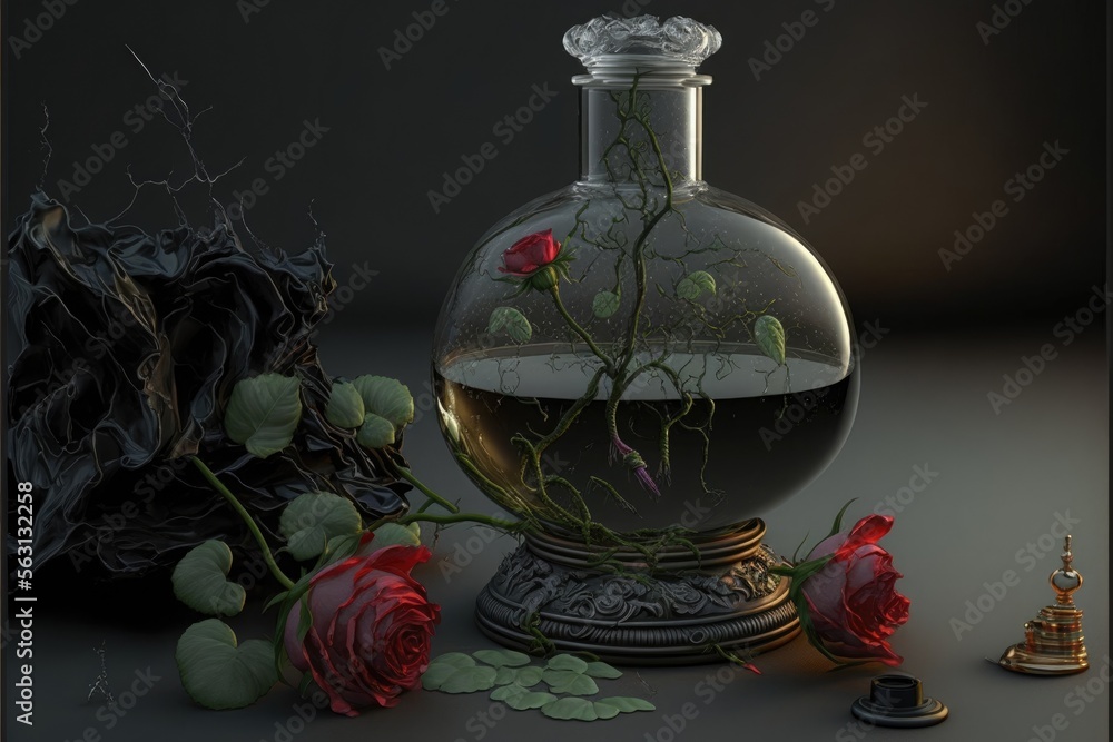 Gothic Valentine, poisonous vine, alcohol in glass carafe and red ...
