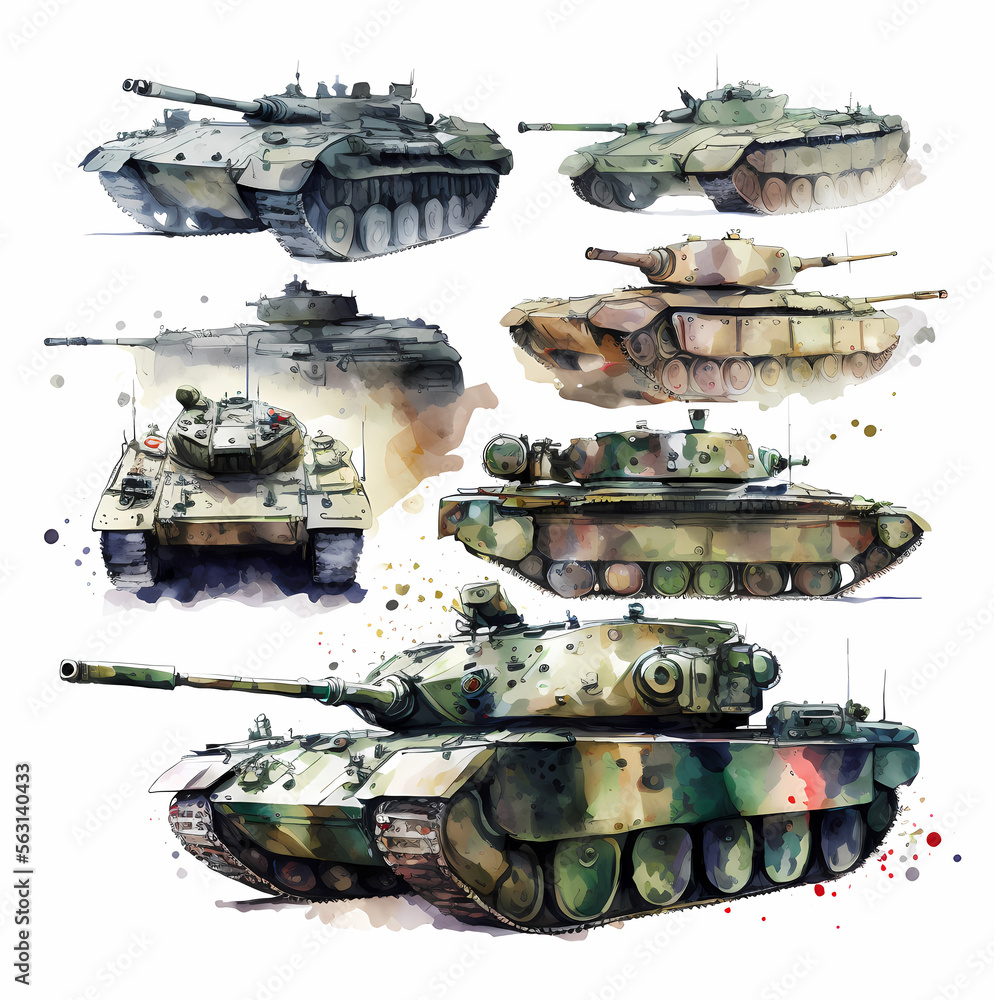 Military Set of watercolor drawings of modern battle tanks. Generation ...