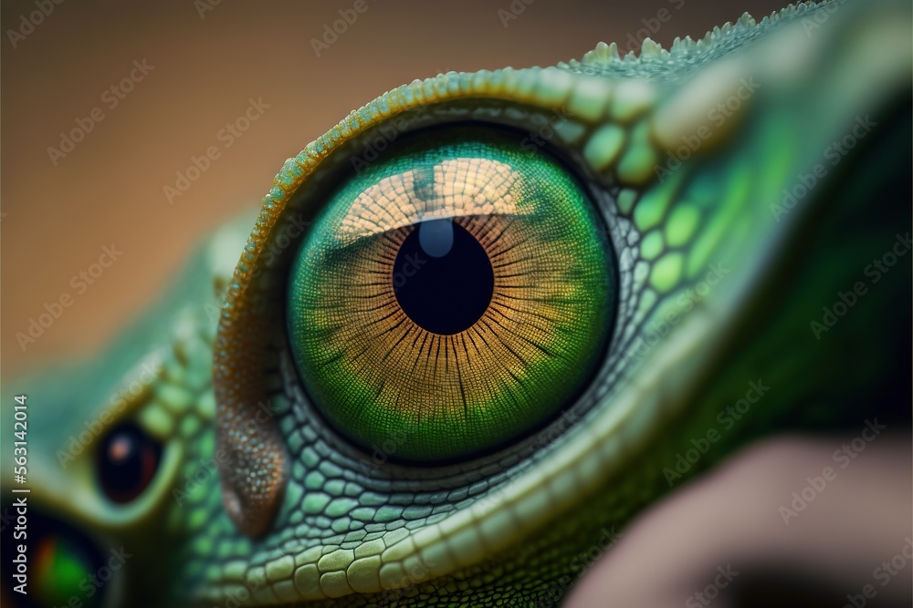 a close up of a green lizard's eye with a black spot in the center of ...