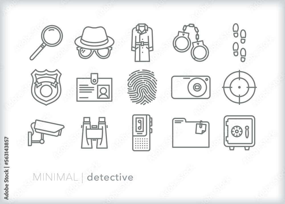 Set of detective line icons of items and themes for a private or police ...