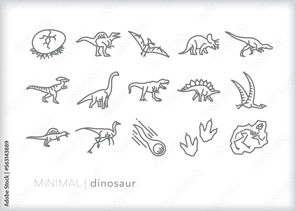 Set of dinosaur line icons of common dinos from the Mesozoic Era and ...