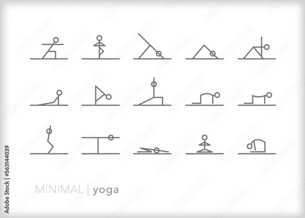 Set of yoga line icons for practice, meditation, daily routine and ...