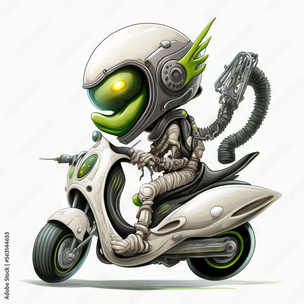 a cartoon alien riding a motorcycle with a gas mask on it's head and a ...