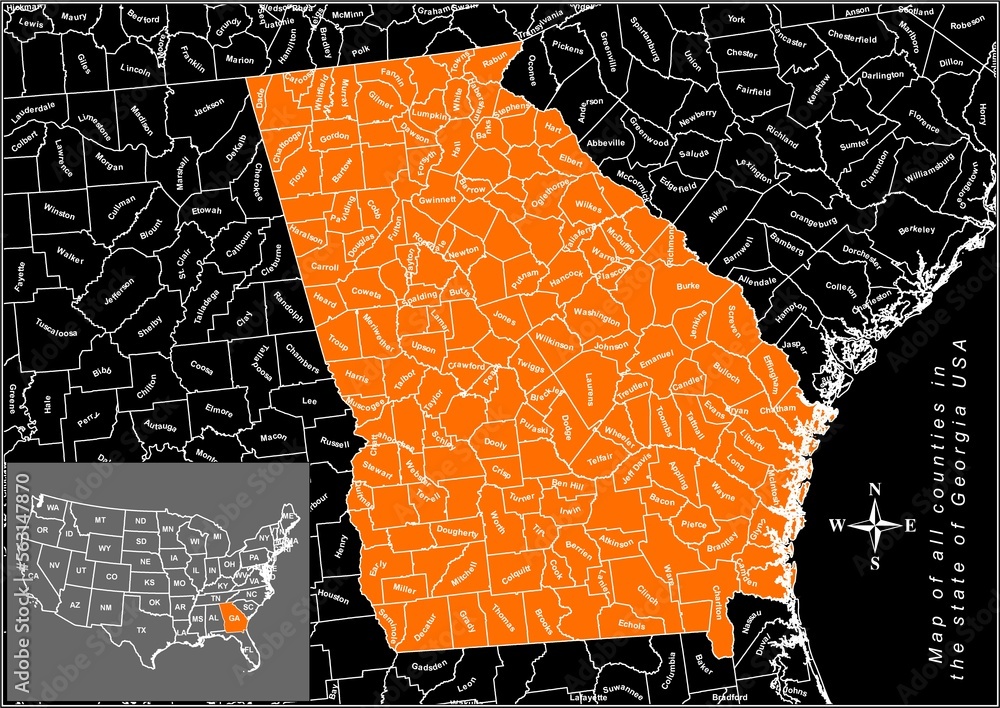 HD Beautiful Map of all counties in the state of Georgia USA Stock ...