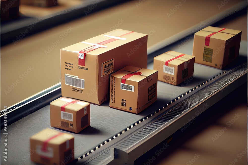 Conveyor belt with packages of different sizes. Generative AI. 2 Stock ...