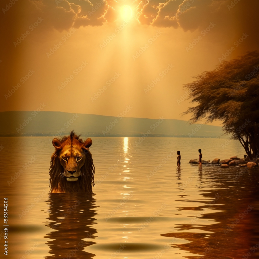 Lion Emerging from a River Illustration Generated by Artificial ...