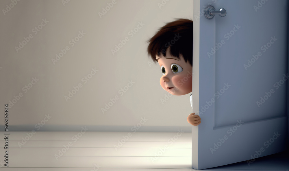 shy and curious cute little boy peeking from behind a door before ...