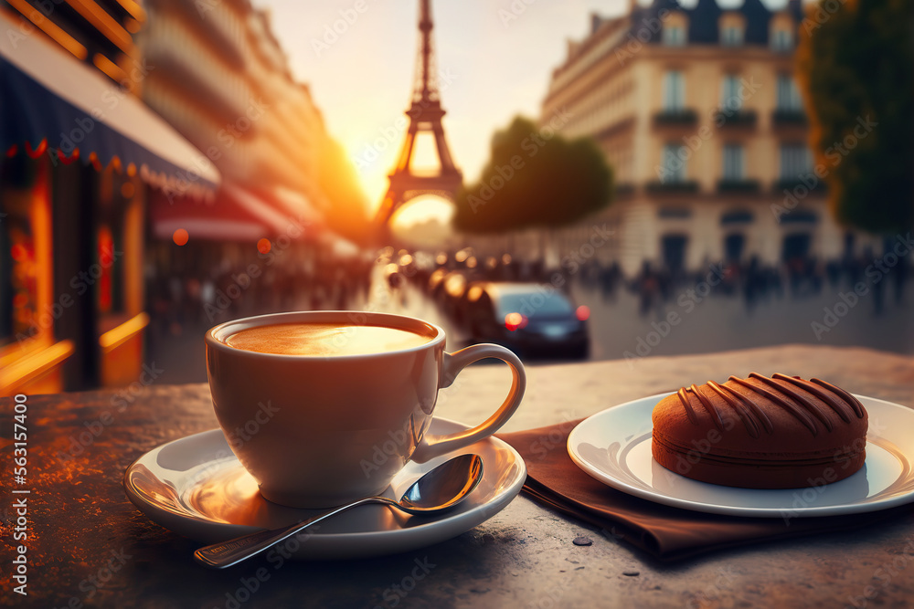 French delicious dessert and coffee on blurred background of Paris cozy ...