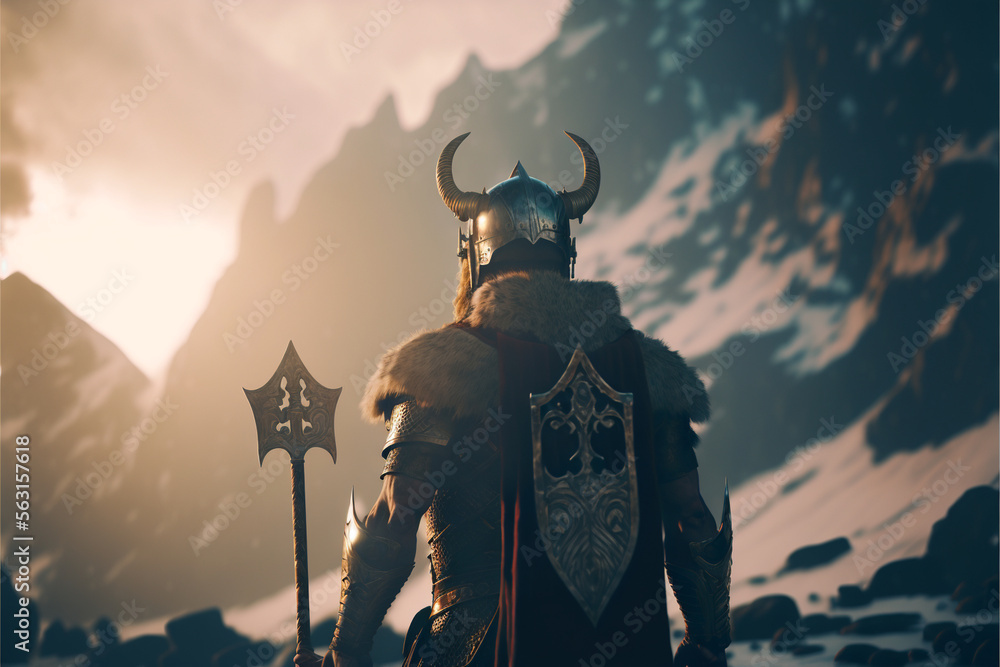 Big mighty viking in a horned helmet and armor on the background of ...