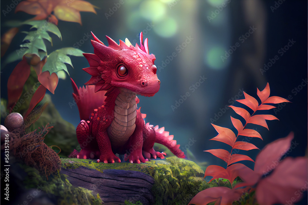 Very cute red little baby dragon standing in the peaceful forest. CG ...