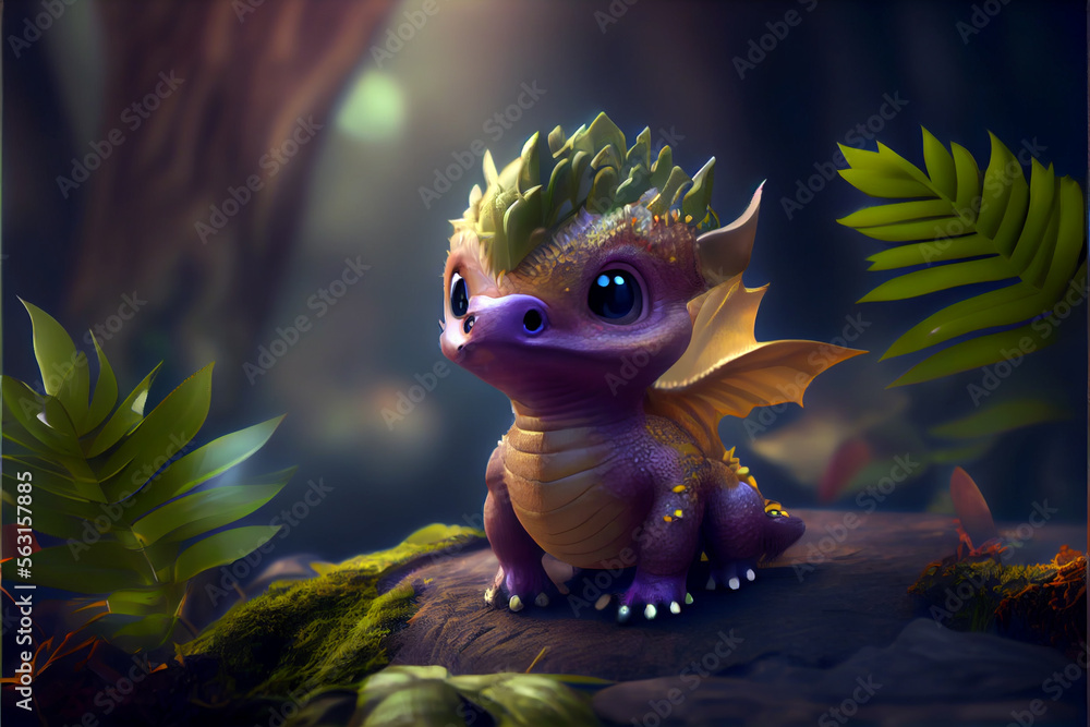 Cute and adorable purple baby dragon standing in the peaceful forest ...