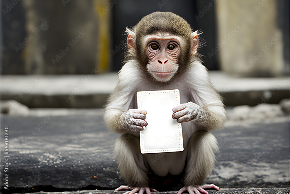 A baby monkey holding a blank white pluck card, world wildlife day ...