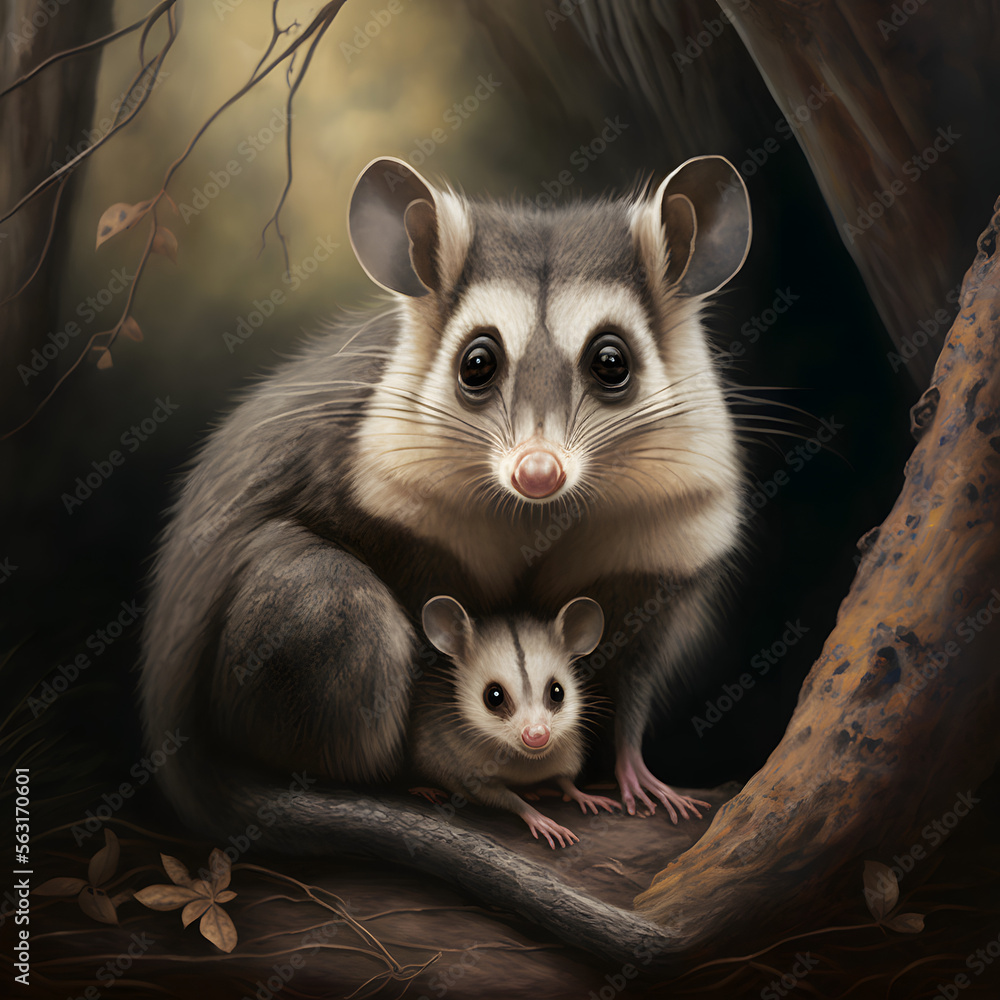 baby possum with mother possum Stock Illustration | Adobe Stock