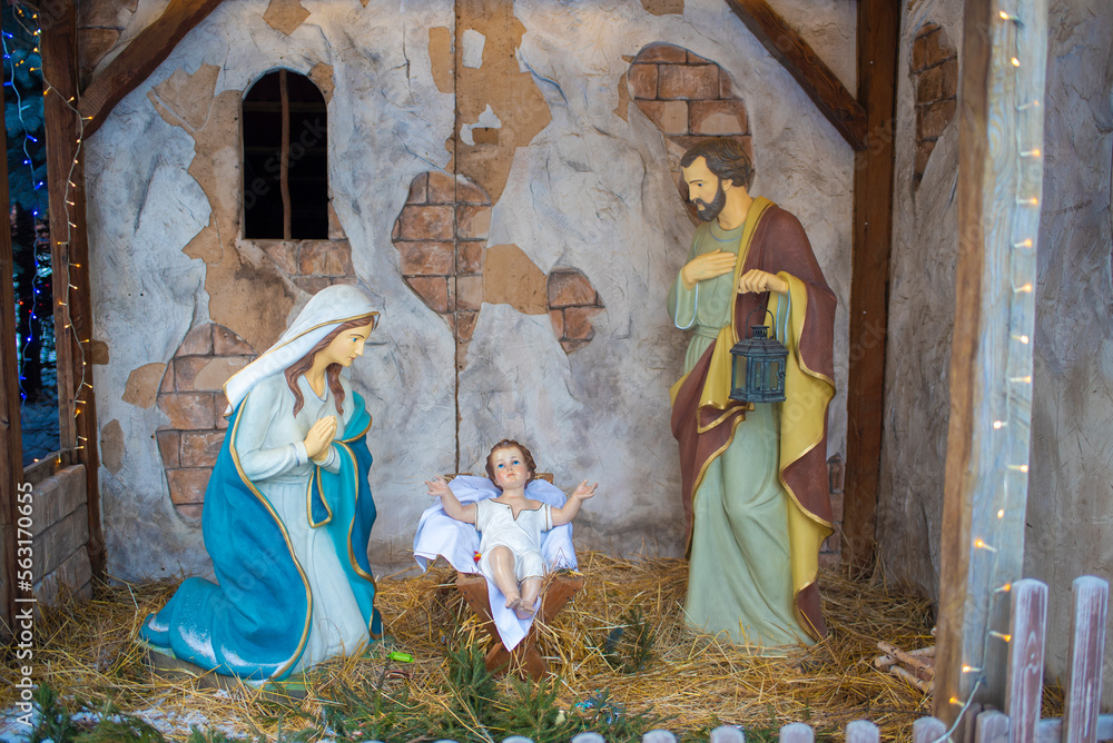 figures of the holy family - St. Mary, Joseph and the newborn baby ...
