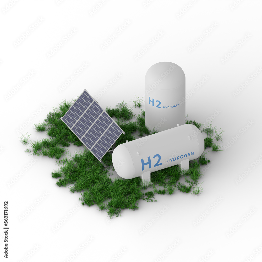 h2 hydrogen tank and solar power panels, 3d rendering Stock ...