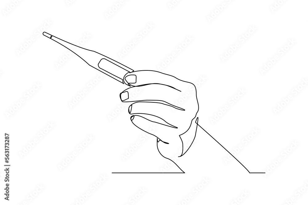 Continuous single one line drawing of hand holding digital thermometer ...