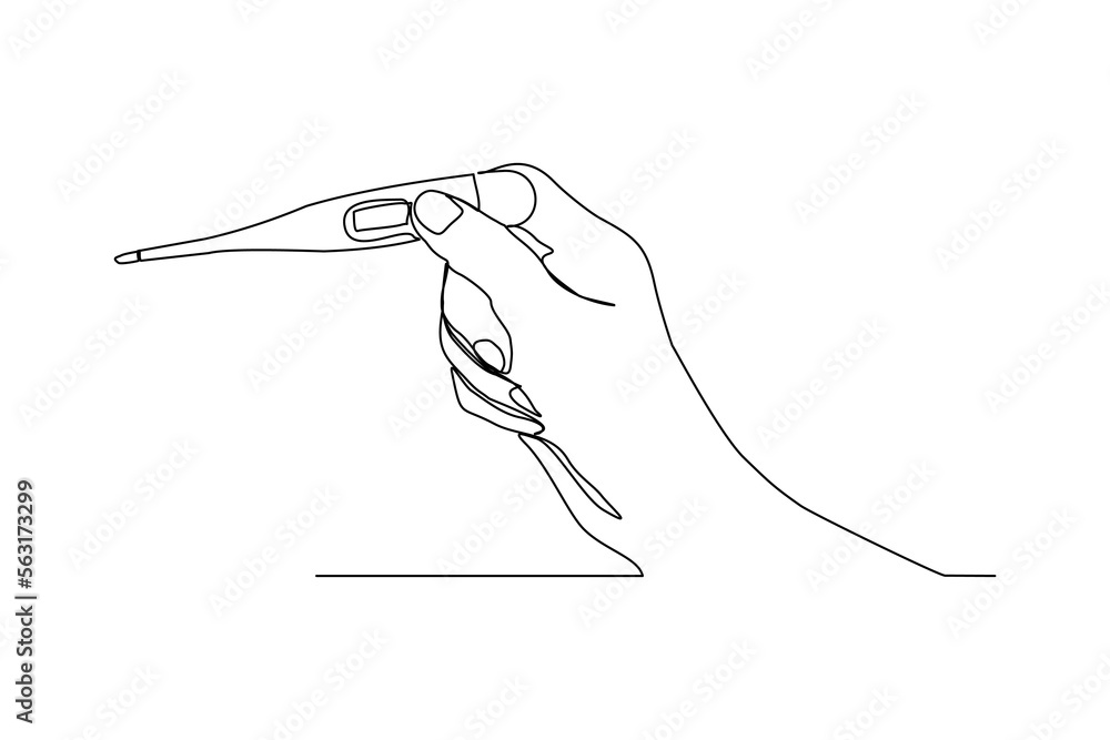 Continuous single one line drawing of hand holding digital thermometer ...