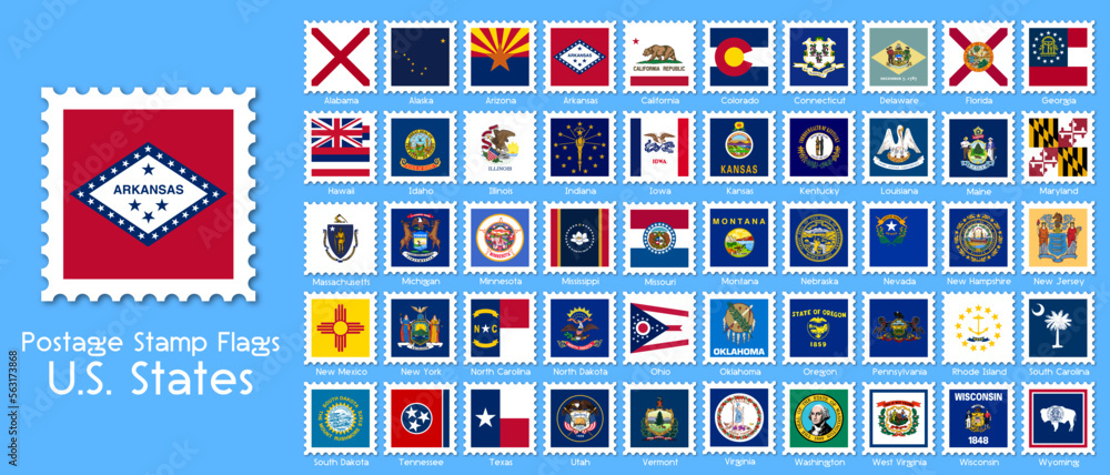 US states flag postage stamps. Collection of 50. Vector illustration ...