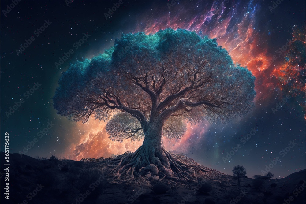Cosmic nebula growing gigantic tree of life, yggdrasil, growing on ...