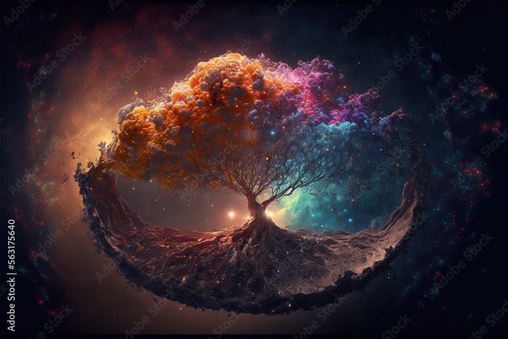 Cosmic nebula growing gigantic tree of life, yggdrasil, growing on ...