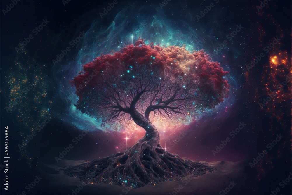 Cosmic nebula growing gigantic tree of life, yggdrasil, growing on ...