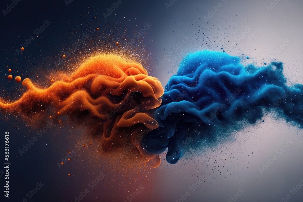 blue and orange smoke with shiny glitter particles dueling smoke colors ...