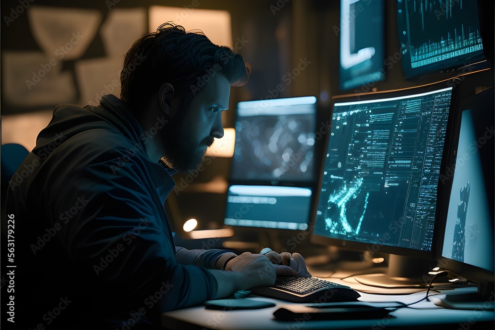 Hacker in a Computer Room generated by AI Stock Illustration | Adobe Stock