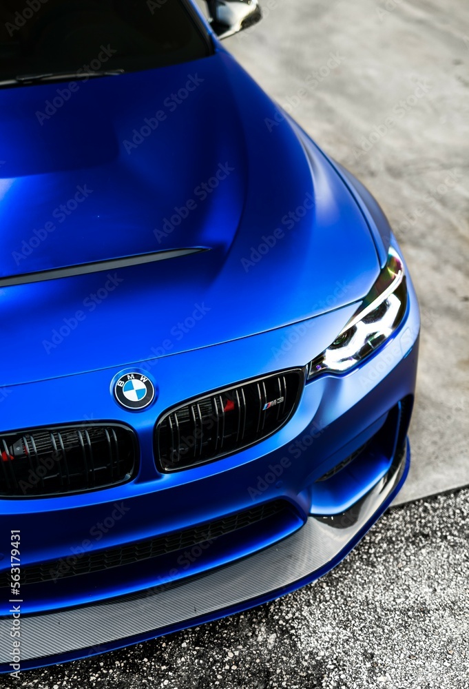 Seattle, WA, USA January 1, 2023 Blue BMW M3 showing the front of the ...