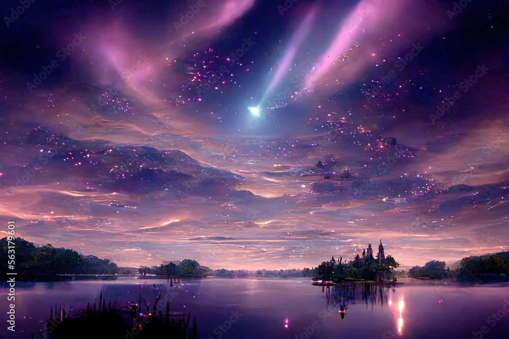 Starry night lake with bright star shine in the sky horizon reflecting ...