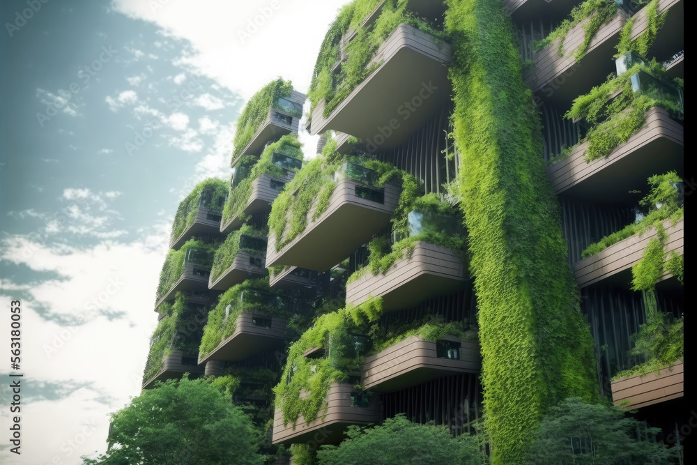 Eco friendly green building with vertical garden in modern city for ...
