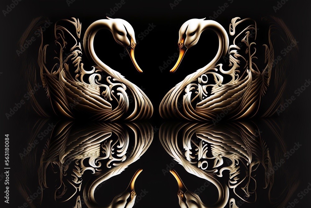 stylised golden swan silhouettes on a black background with the swan's ...