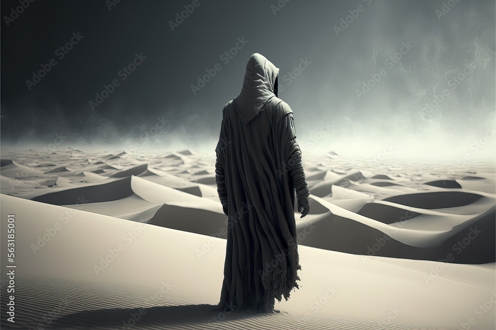 illustration d'une personne de dos avec une cape et capuche, seul dans ...