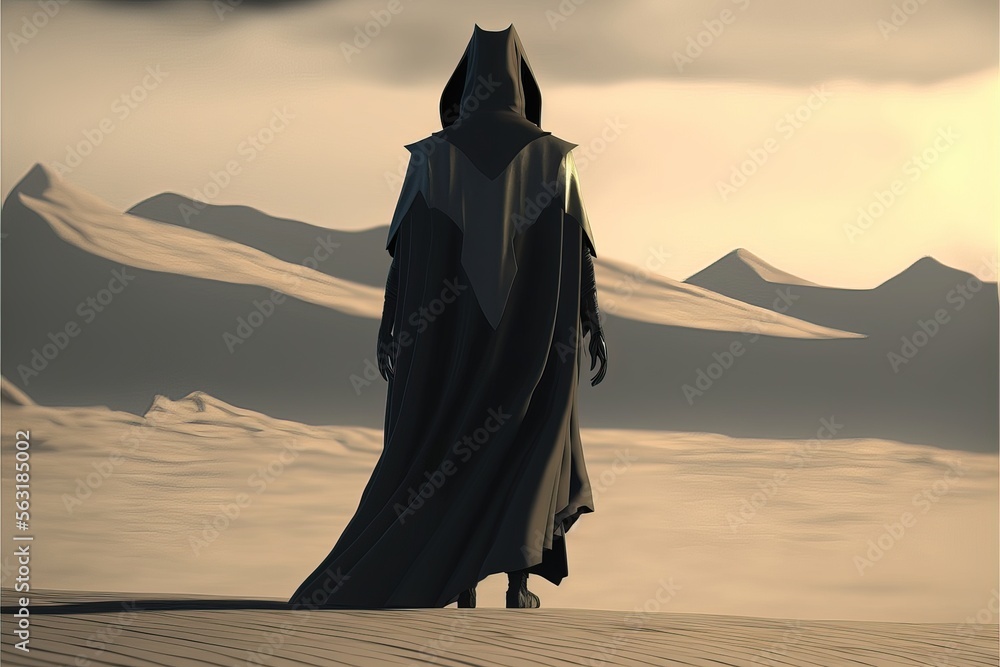 illustration d'une personne de dos avec une cape et capuche, seul dans ...