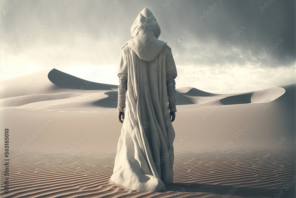 illustration d'une personne de dos avec une cape et capuche, seul dans ...