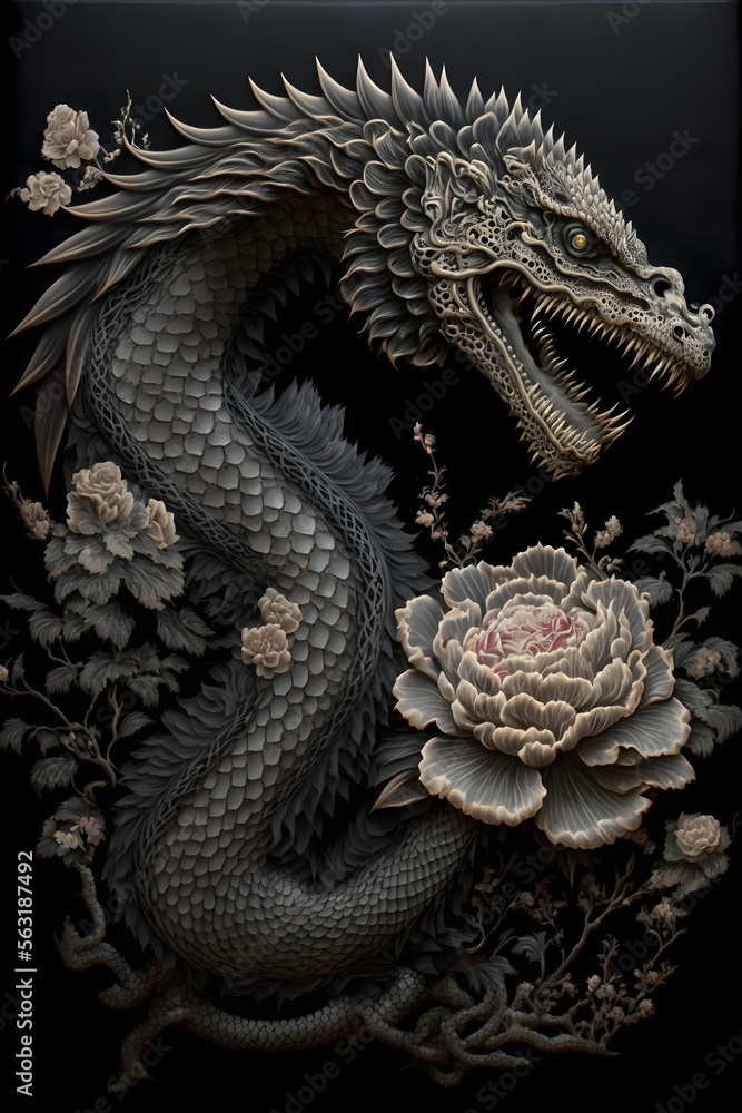 texture Japanese Black Dragon and Chrysanthemum skeleton oil painting ...
