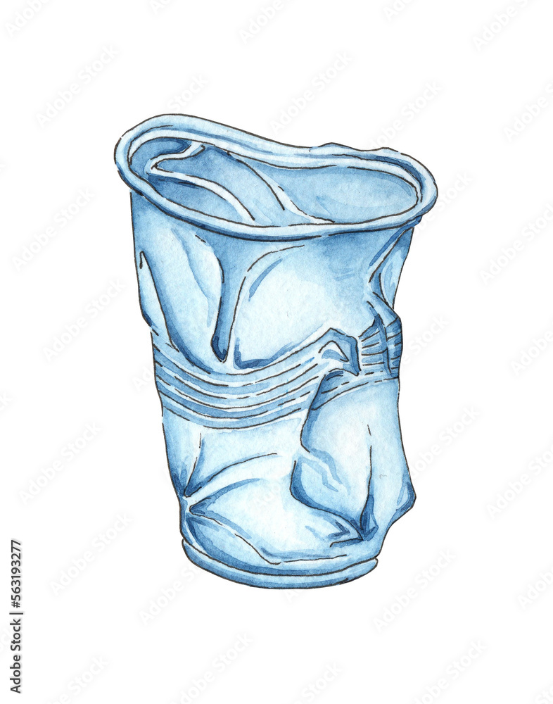 ภาพประกอบสต็อก Watercolor drawing blue used plastic cup. Realistic ...