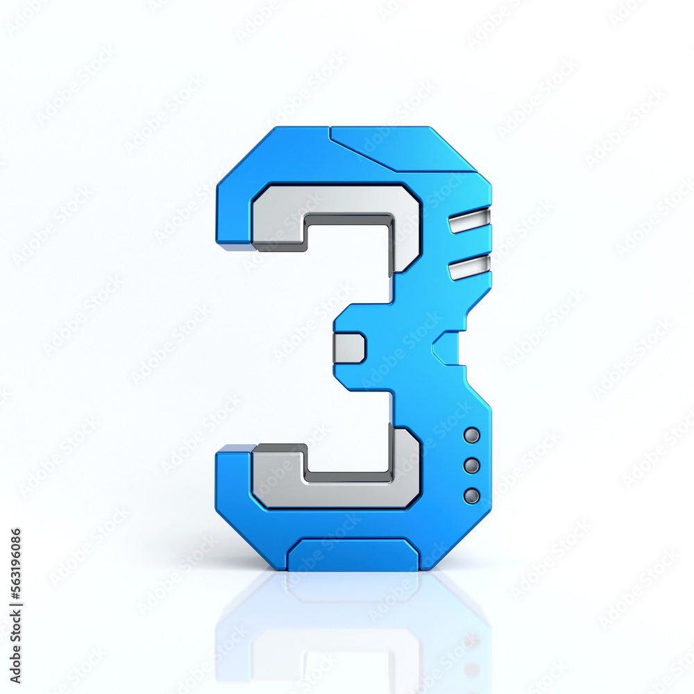 Number three 3D sci-fi logo. Cyber technology abstract texture alphabet ...
