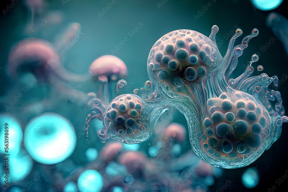 microscopic macroscopic view of alien eggs and bacterias virus in a ...