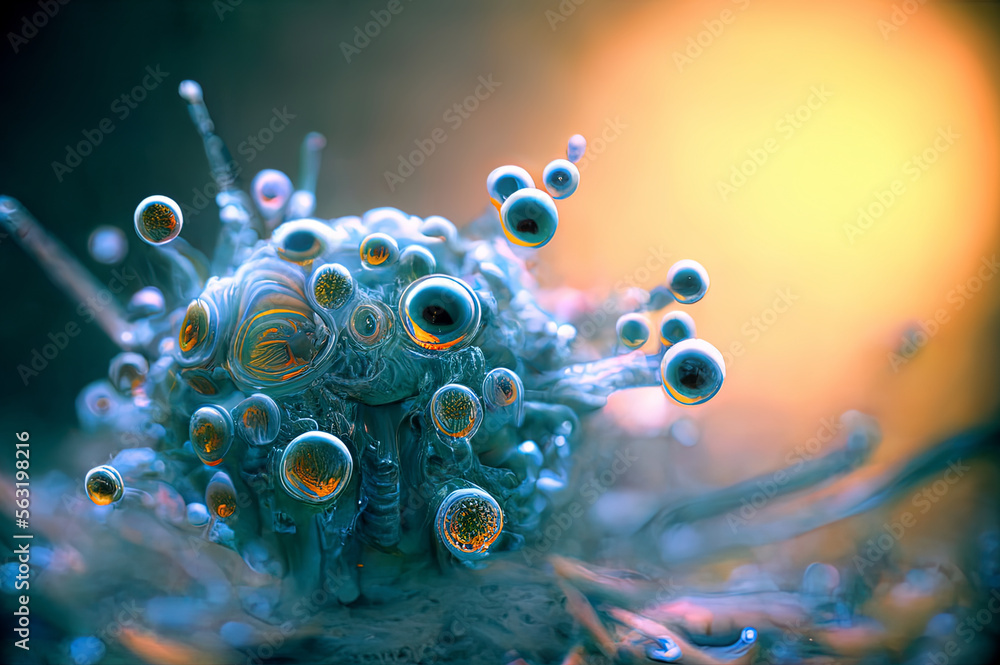 microscopic macroscopic view of alien eggs and bacterias virus in a ...