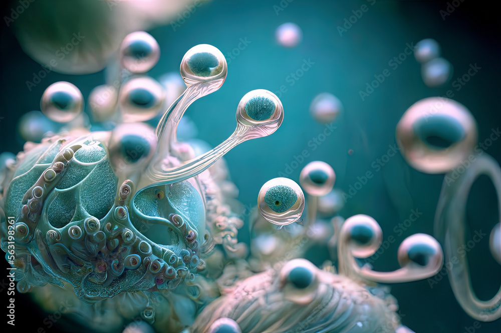 microscopic macroscopic view of alien eggs and bacterias virus in a ...