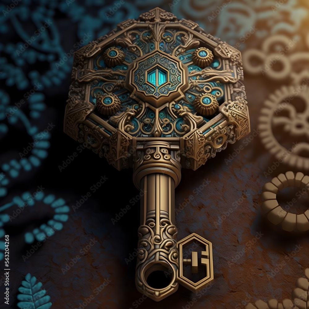 mechanical ancient key with octagon holding and a lot of mechanical ...