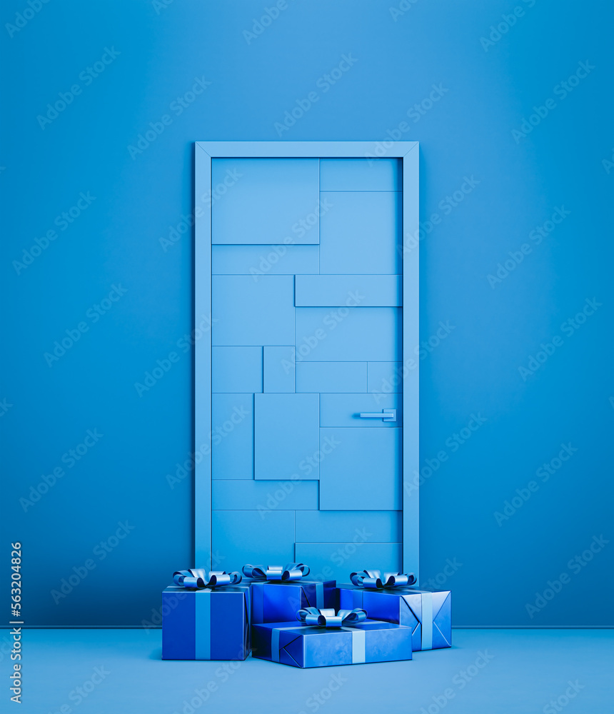 Entrance of a house with blue gift boxes in front of a blue house door ...