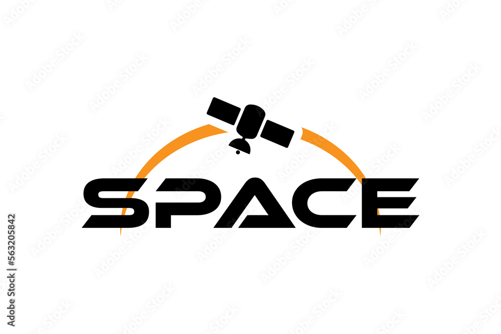 Word Space with satellite in orbit vector logo icon isolated on white ...